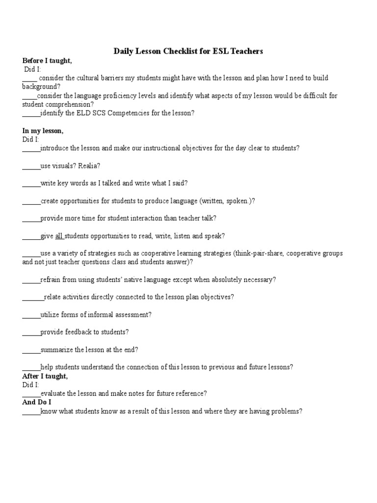 ESL Daily Lesson Checklist | PDF | Neuropsychological Assessment ...
