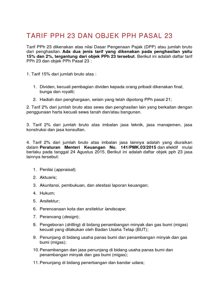 Tarif PPH 23 Dan Objek PPH Pasal 23 | PDF | Pengelolaan Keuangan & Uang