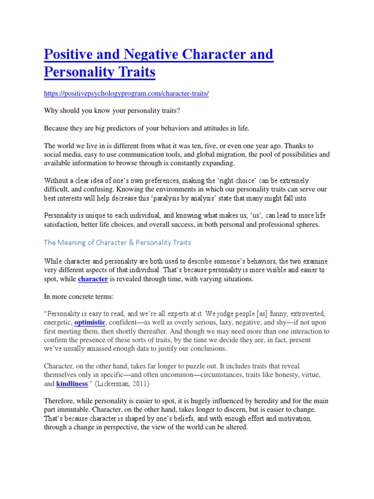Positive and Negative Character and Personality Traits | PDF | Extraversion And Introversion ...