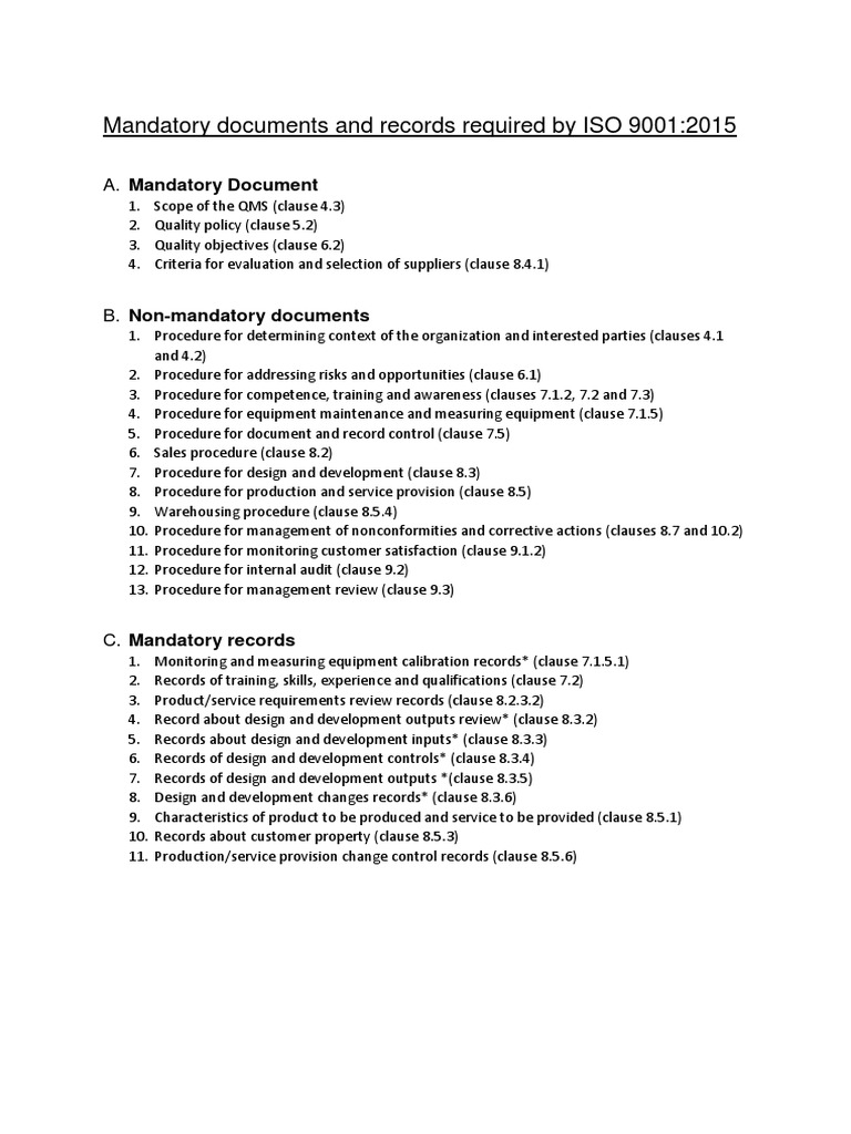 ISO 9001:2015 Mandatory Document List | PDF | Iso 9000 | Audit