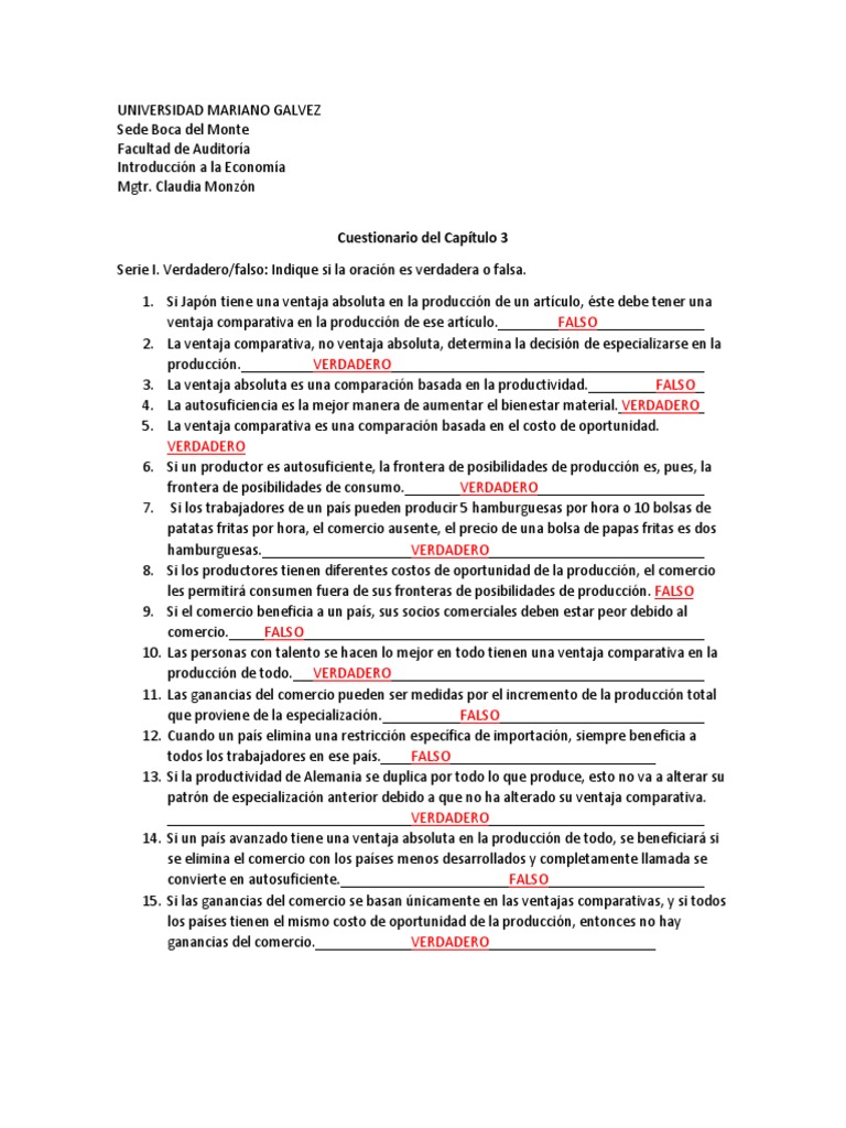 Cuestionario Cap. 3 - Mankiw | PDF | Ventaja comparativa | Costo de ...