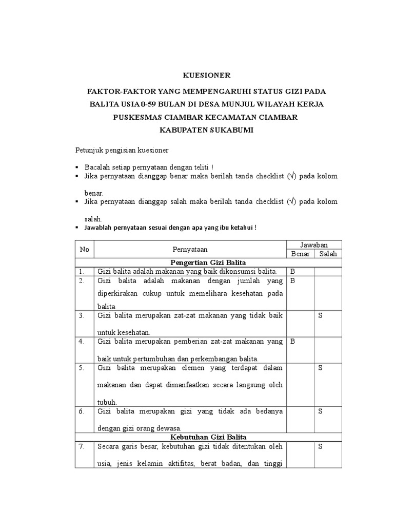 Kuesioner Variabel Pengetahuan Ibu Tentang Gizi Balita | PDF