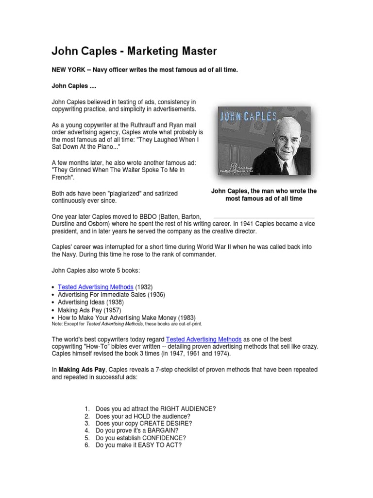John Caples Bio | PDF | Advertising Industry | Advertising