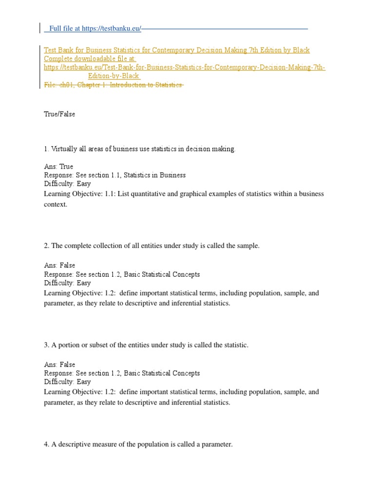 Test Bank For Business Statistics For Contemporary Decision Making 7th ...