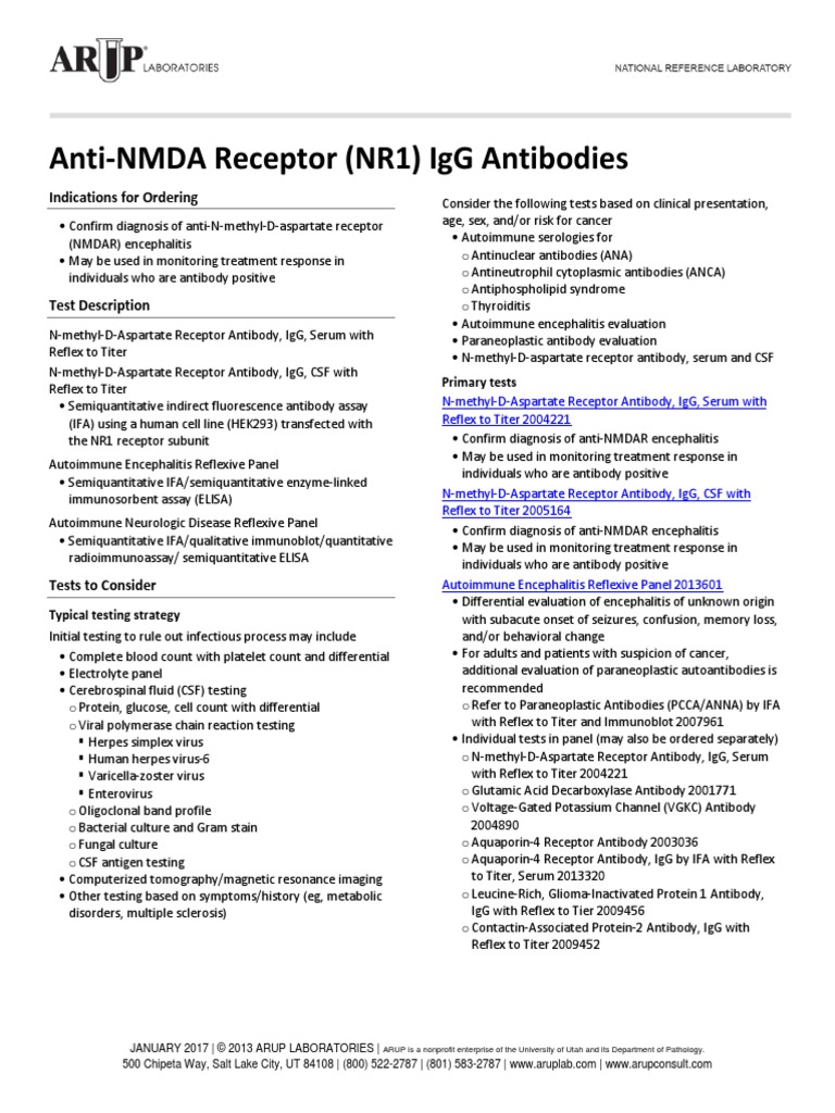Anti-Nmda Receptor (Nr1) Igg Antibodies: Indications For Ordering | PDF ...