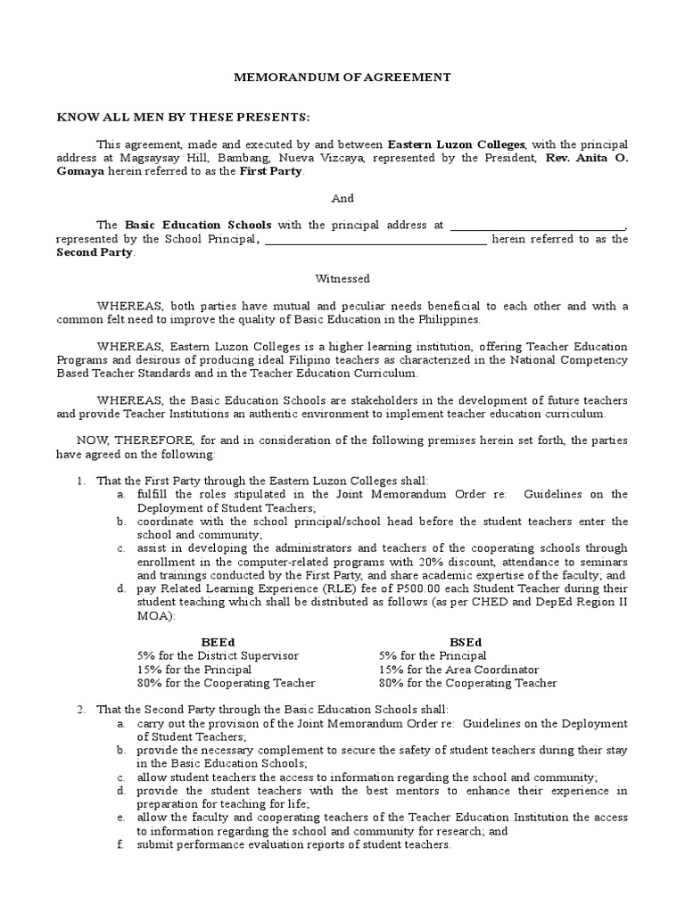 Memorandum of Agreement Between Eastern Luzon Colleges and Basic ...
