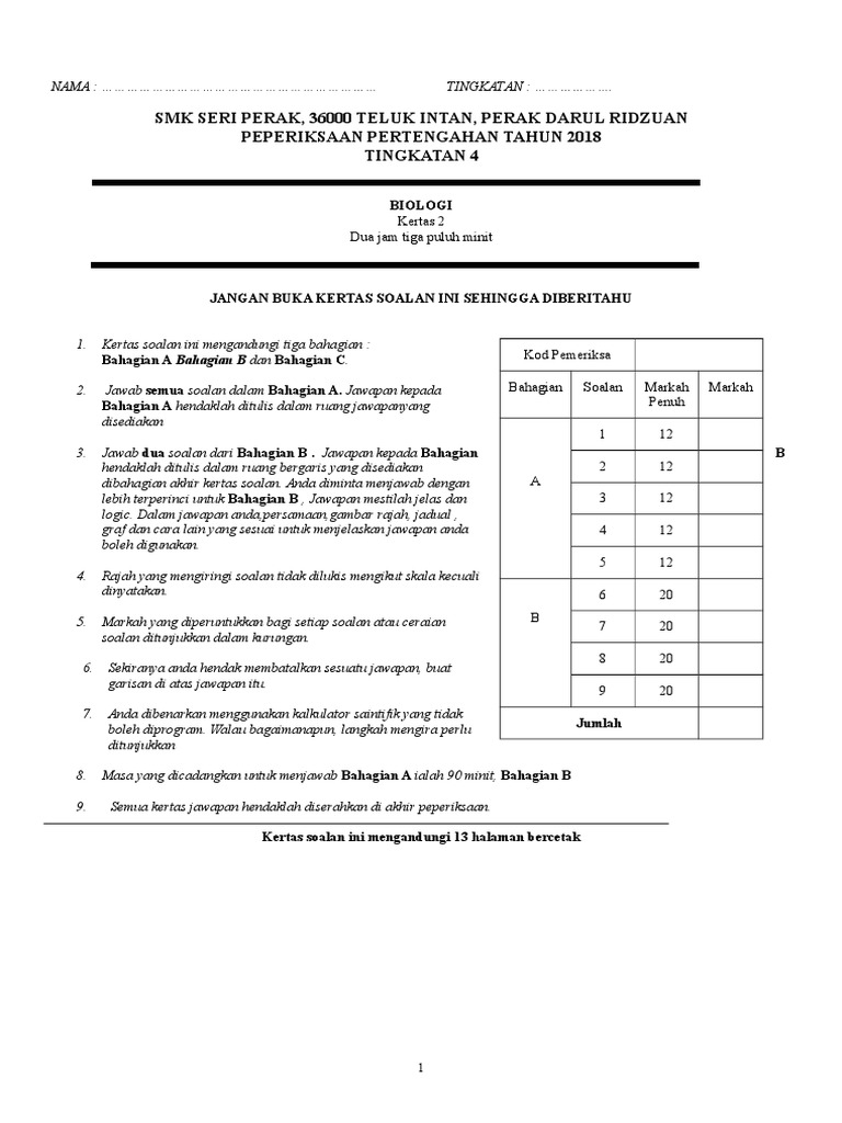 Bio Form 4 Kertas 2 (2018) Set 2 (1) - Calon | PDF