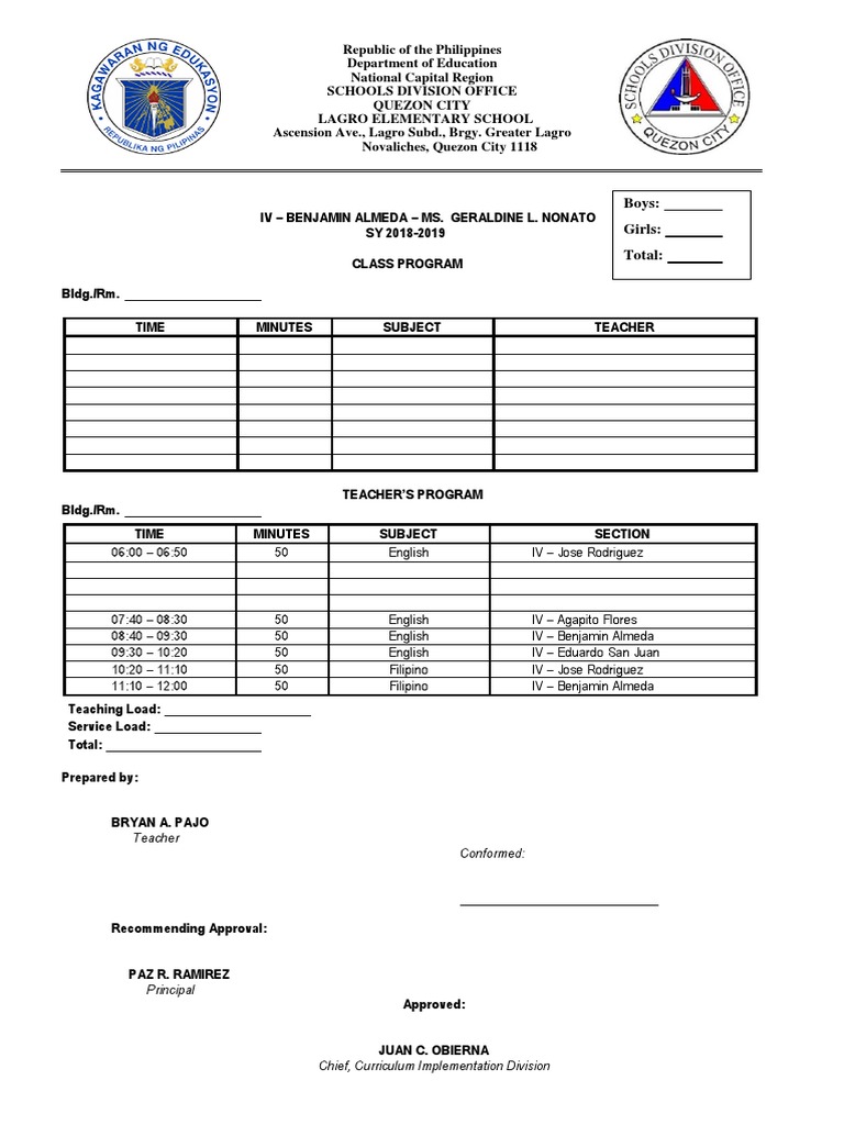 Individual Class Program Template | PDF | Sharing | Philippines