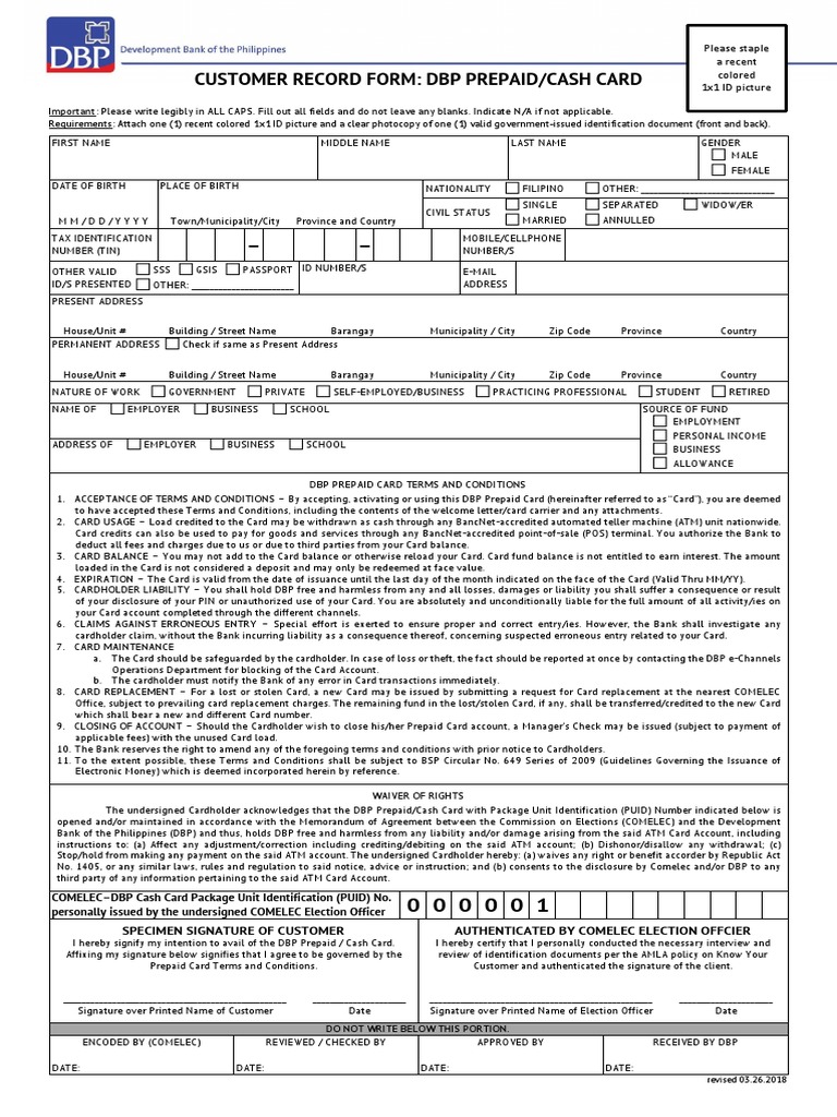 Cash Card Customer Record Form | PDF | Debit Card | Automated Teller ...