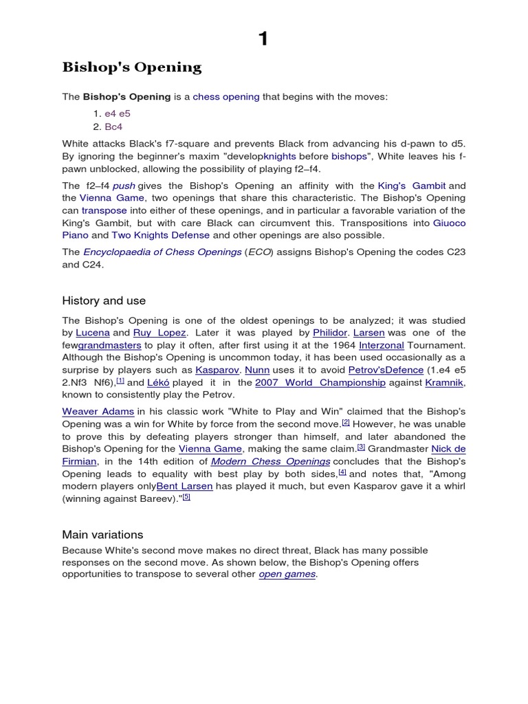 Bishop Opening | PDF | Chess Openings | Abstract Strategy Games