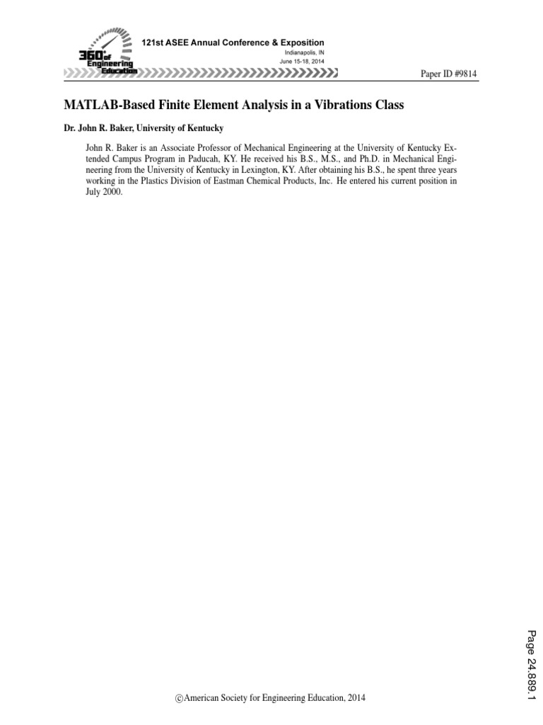 Matlab Based Finite Element Analysis In A Vibrations Class Pdf Finite Element Method