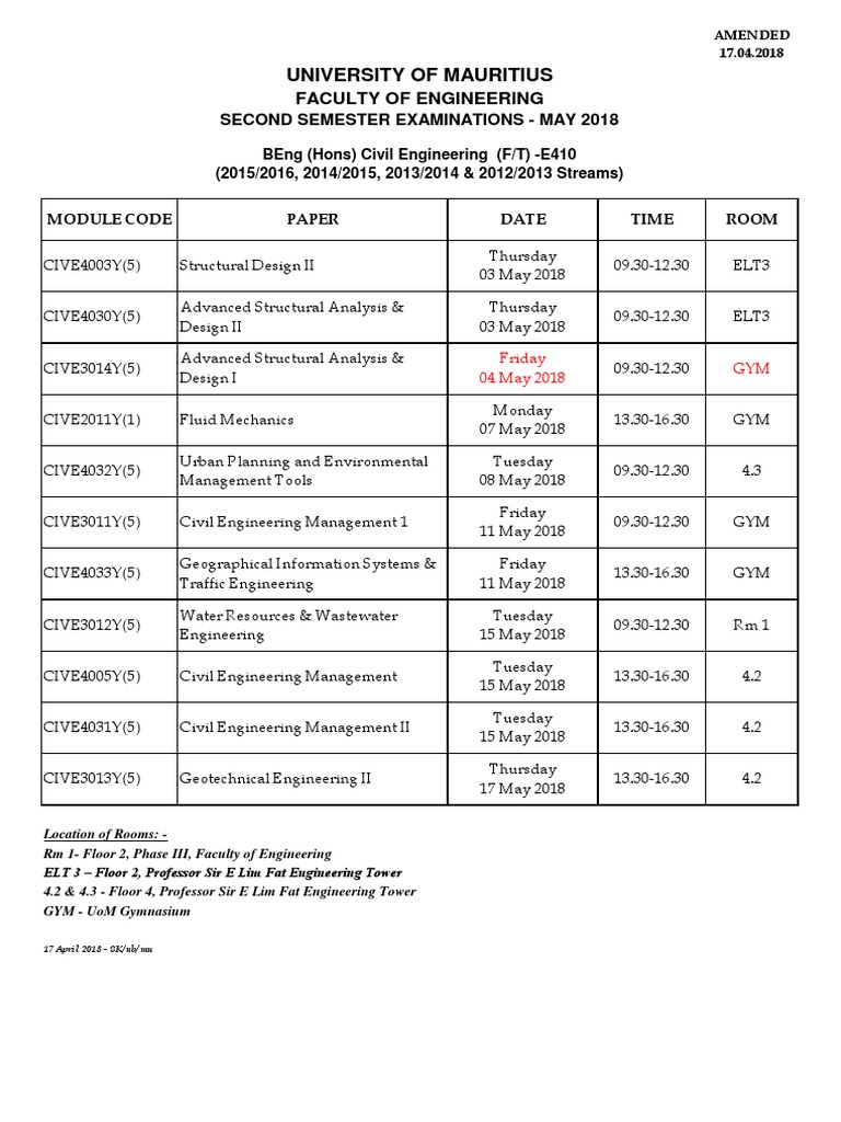University of Mauritius Faculty of Engineering Second Semester Examinations - May 2018 Timetable ...