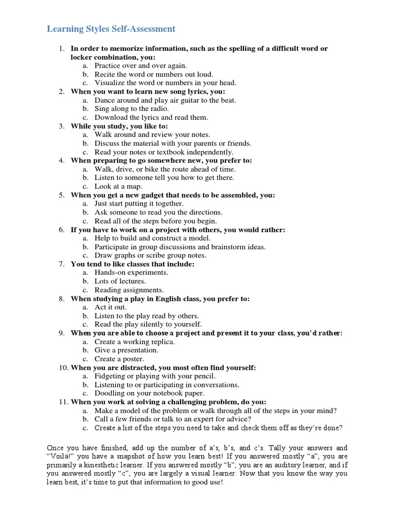 Learning Styles Self-Assessment | PDF | Learning Styles | Learning