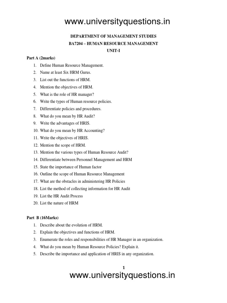 Human Resource Management Question Bank | PDF | Human Resource ...