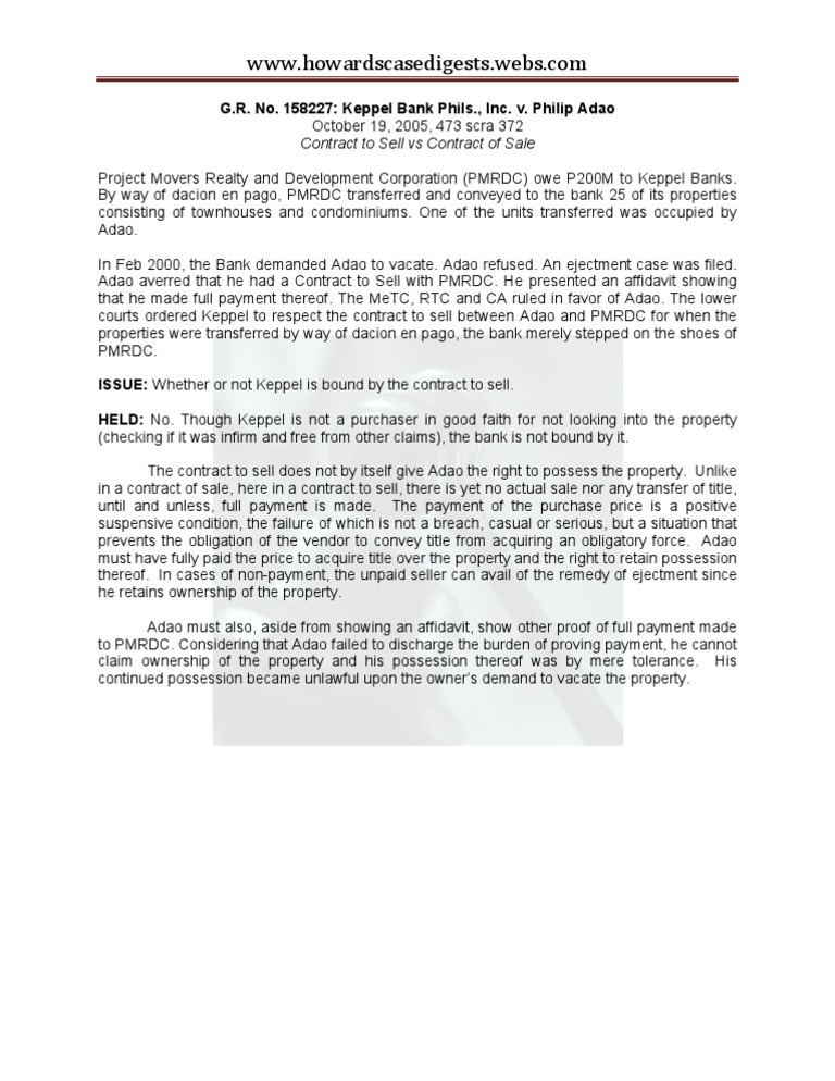 Keppel Bank Phils., Inc. v. Philip Adao | PDF | Payments | Property