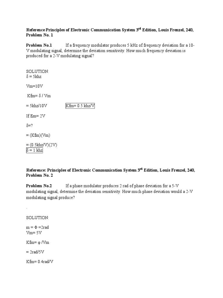 Prin Comms Prob Set PM and FM | PDF | Frequency Modulation | Broadcast ...