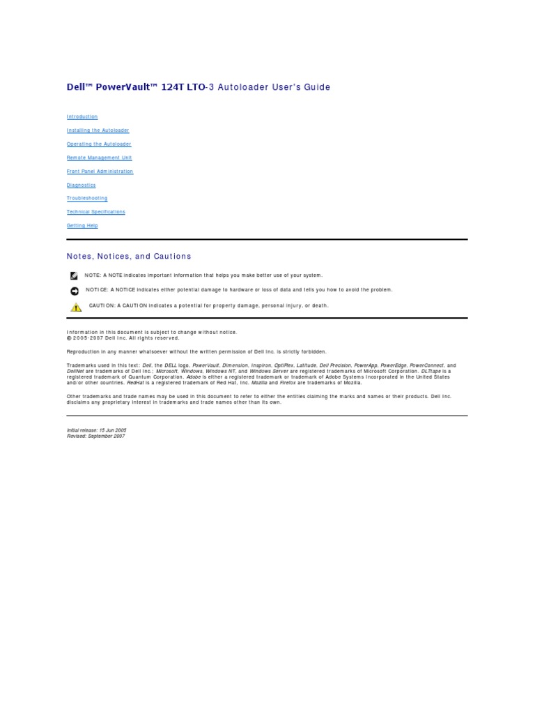 Dell™ Powervault™ 124T Lto - 3 Autoloader User'S Guide: Notes, Notices ...