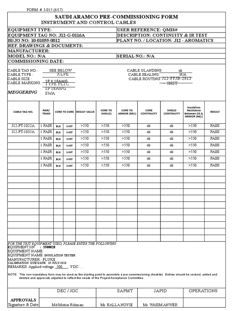 Saudi Aramco Pre-Commissioning Form: Instrument and Control Cables ...