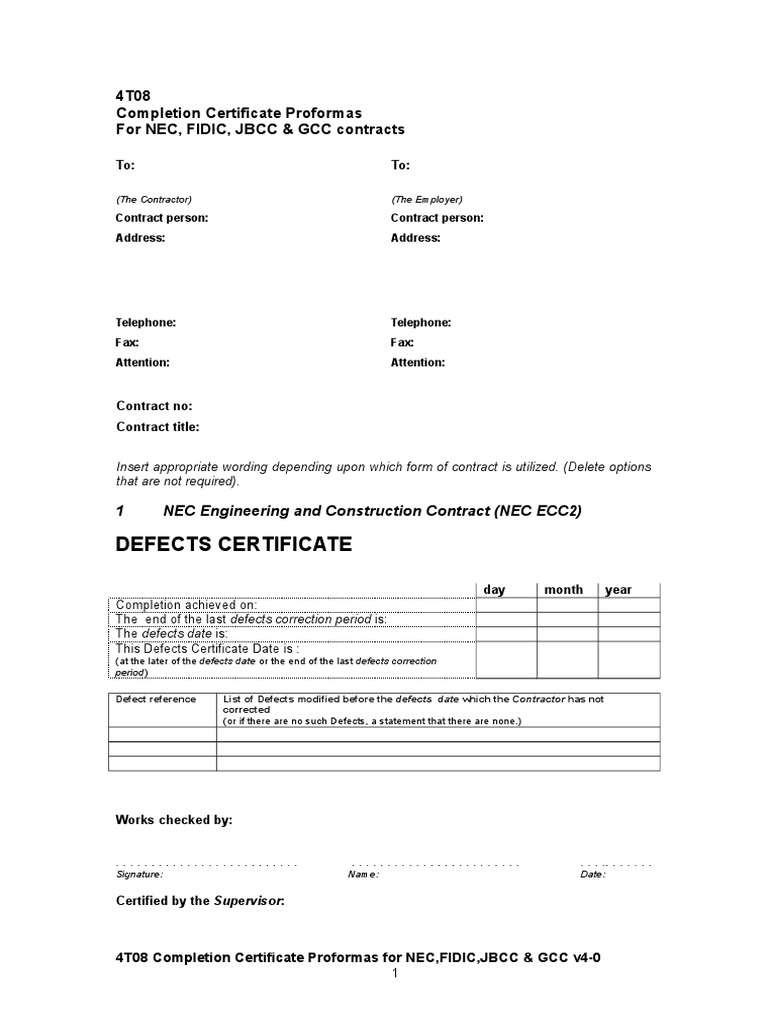 Completion and Defects Certificates for Construction Contracts | PDF ...