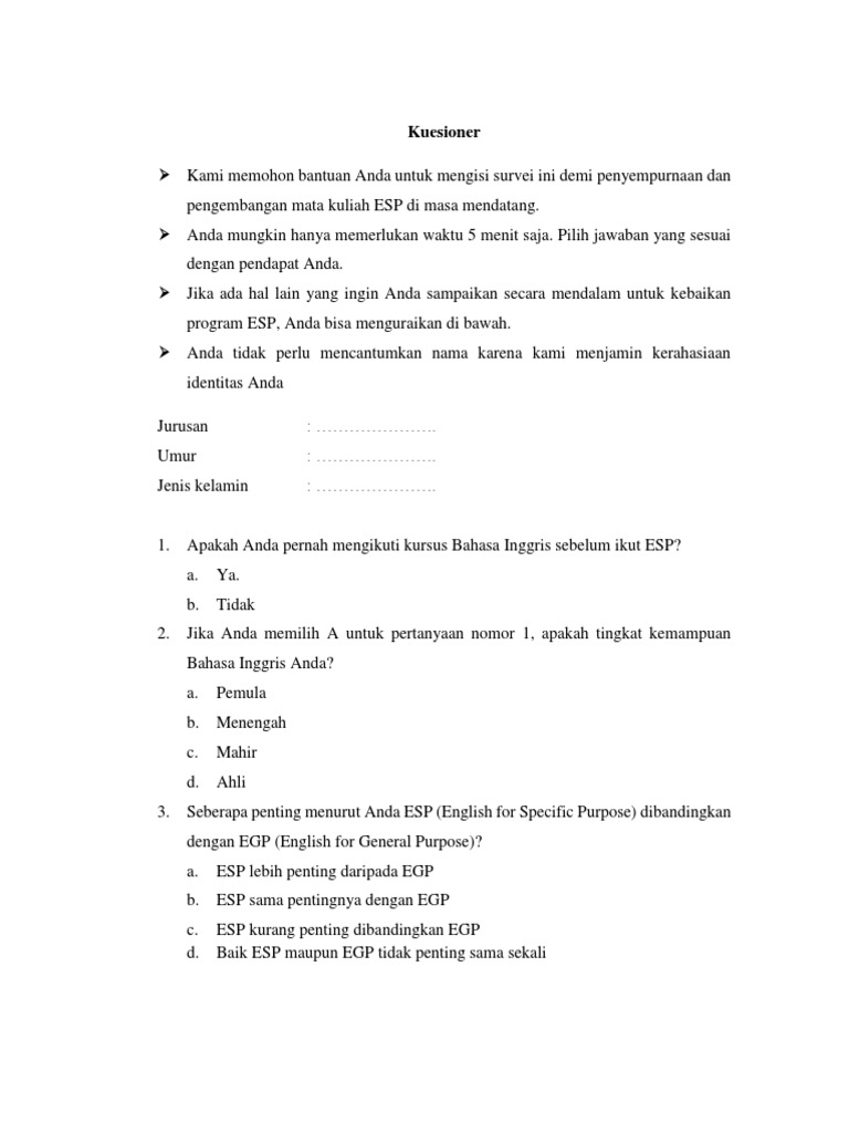 Kuesioner ESP (Ary) 1 | PDF