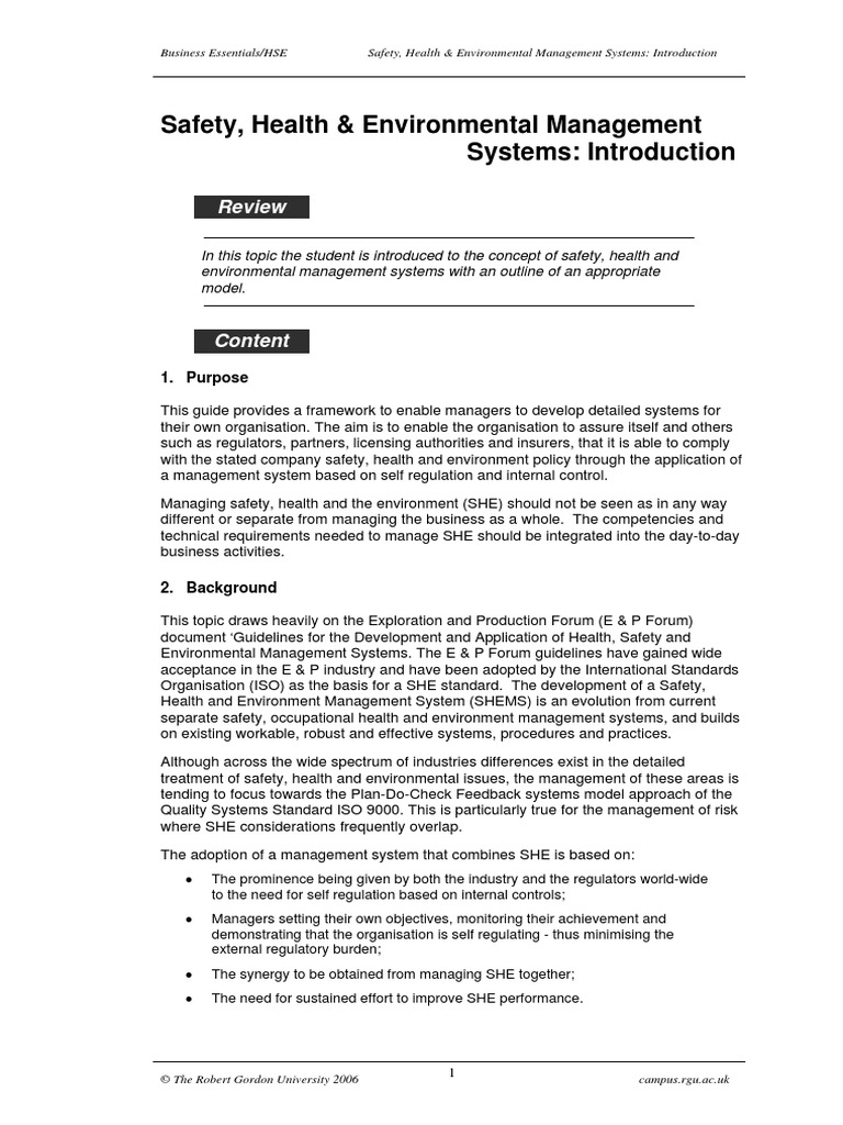 Safety, Health & Environmental Management Systems:: Review | PDF | Risk ...