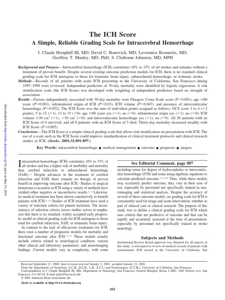 The ICH Score: A Simple, Reliable Grading Scale For Intracerebral ...