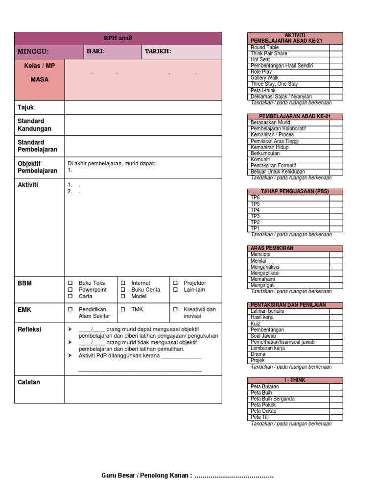 Minggu: Kelas / MP Masa: RPH 2018 Hari: Tarikh | PDF