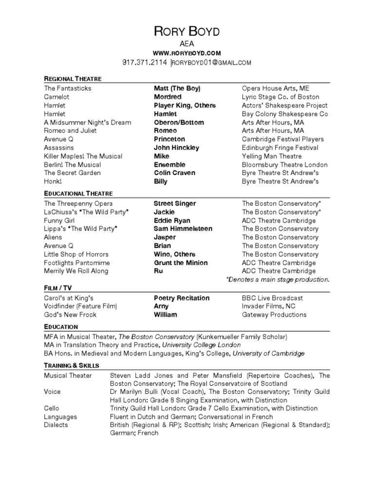 Rory Boyd Resume | PDF | Musical Theatre | Theatre
