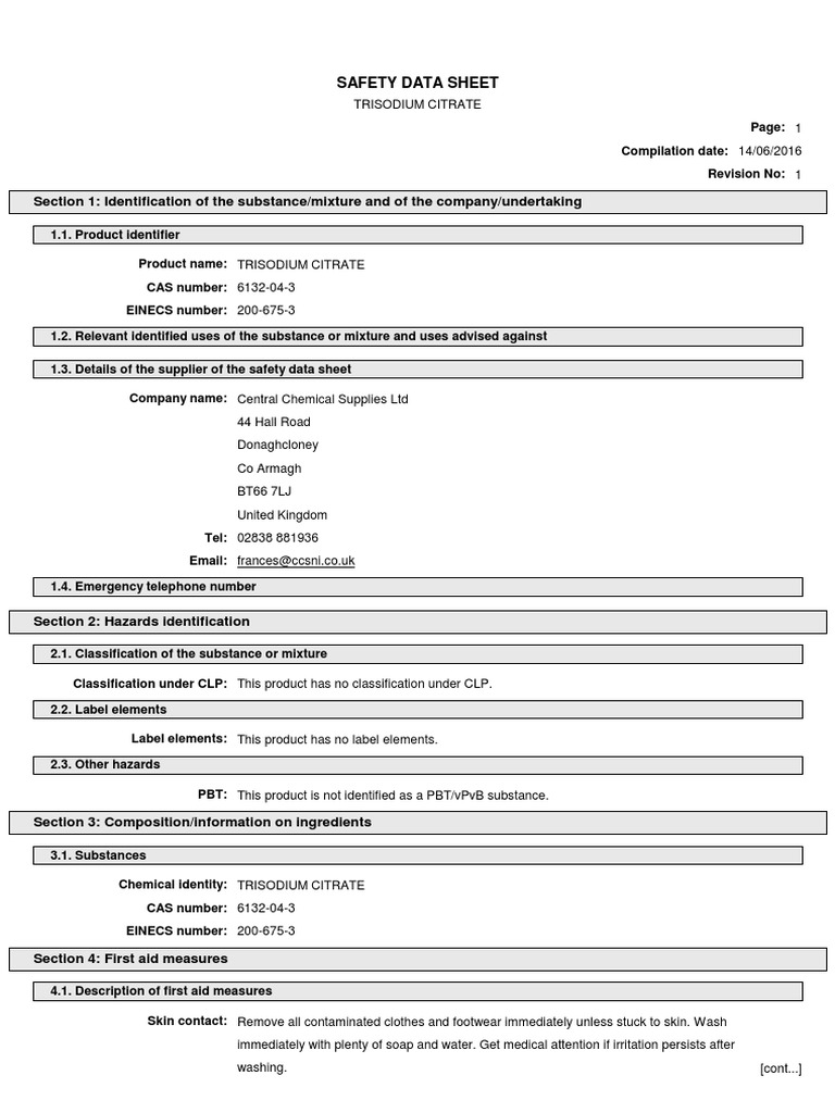 Trisodium_Citrate_SDS_CCS_09092016.pdf | Toxicity | Occupational Safety ...