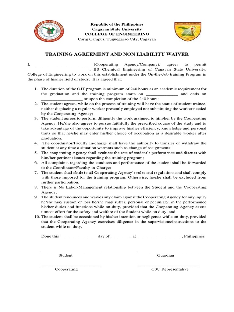 Training Agreement and Non Liability Waiver: Republic of The ...