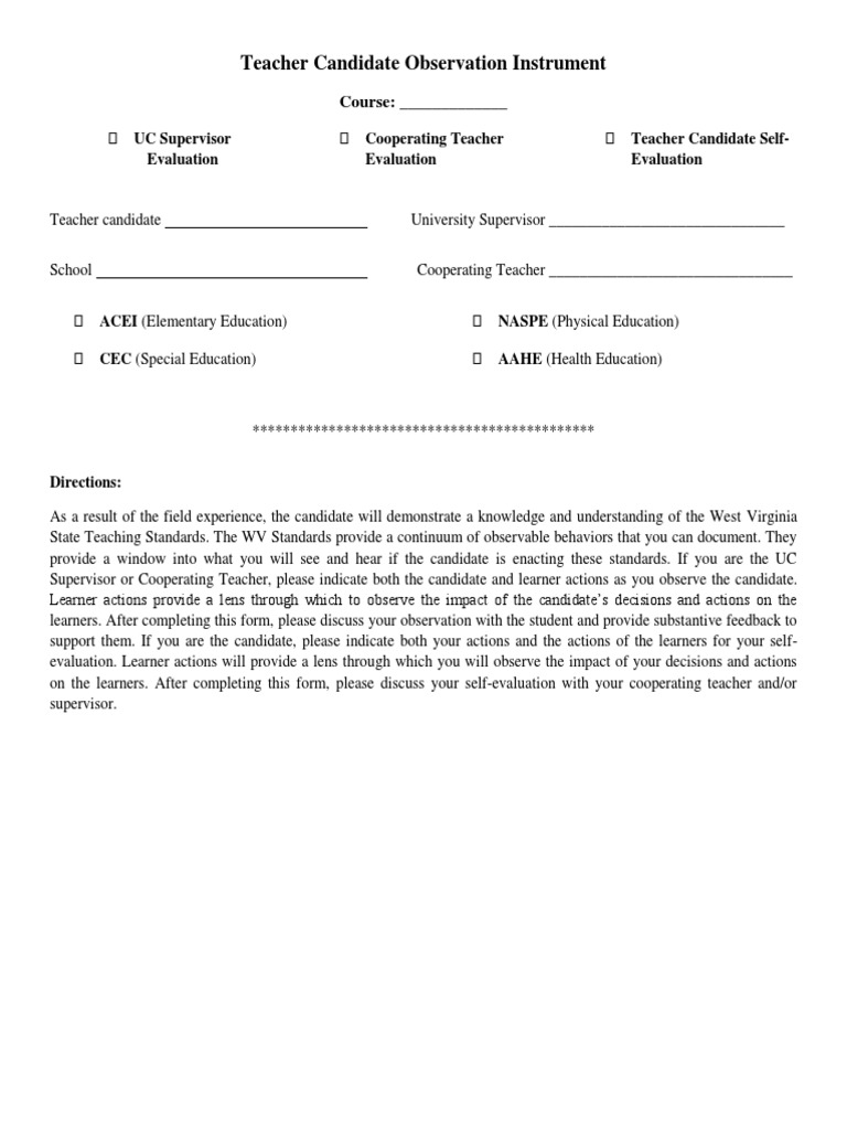 Teacher Candidate Observation Instrument Spring 2014 Field Experience ...
