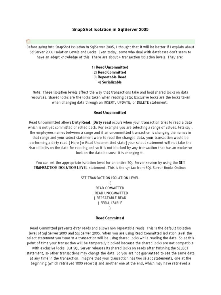 Snapshot Isolation In Sqlserver 2005 Pdf Database Transaction Data