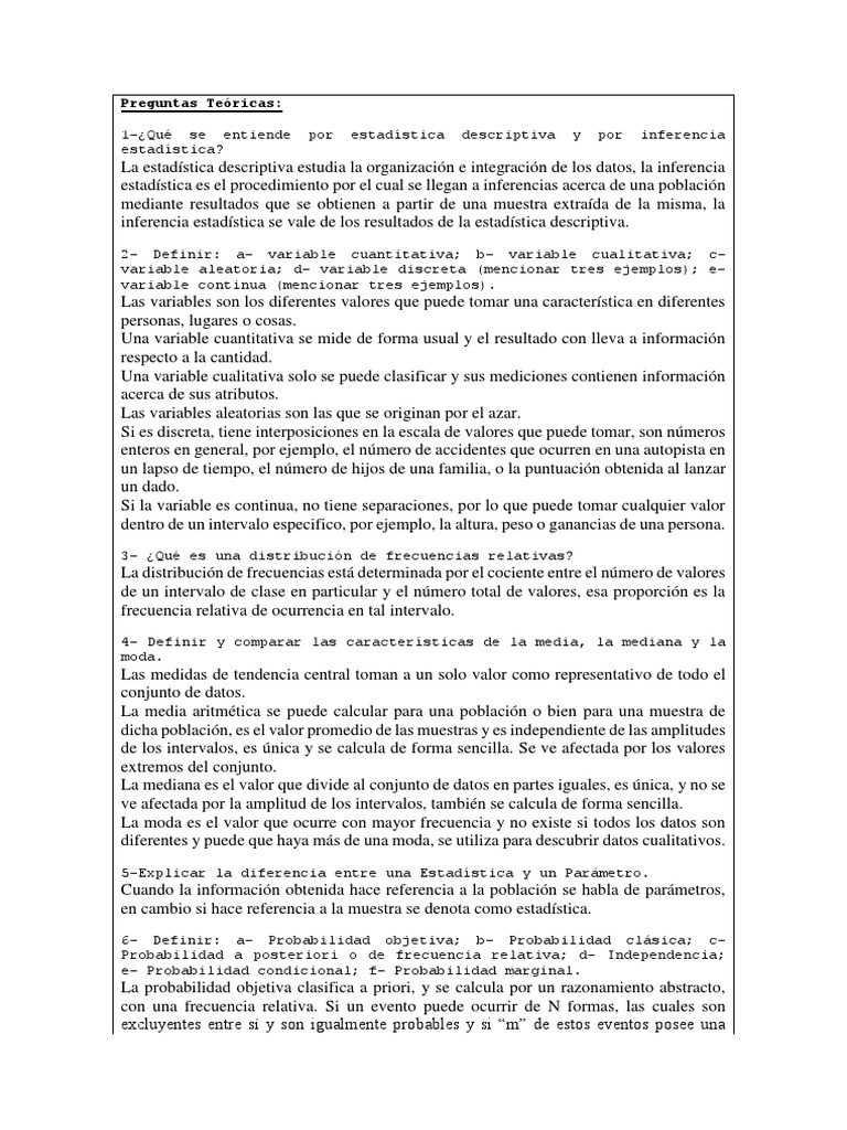 Preguntas Teóricas ESTADISTICA 1 | PDF | Probabilidad | Distribución de probabilidad