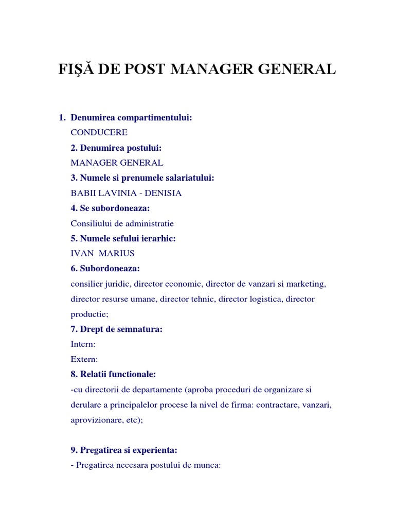 Fisa Postului Manager General | PDF | Business