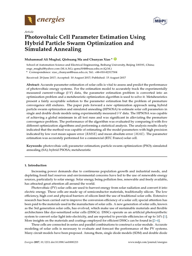 Energies: Photovoltaic Cell Parameter Estimation Using Hybrid Particle Swarm Optimization and ...