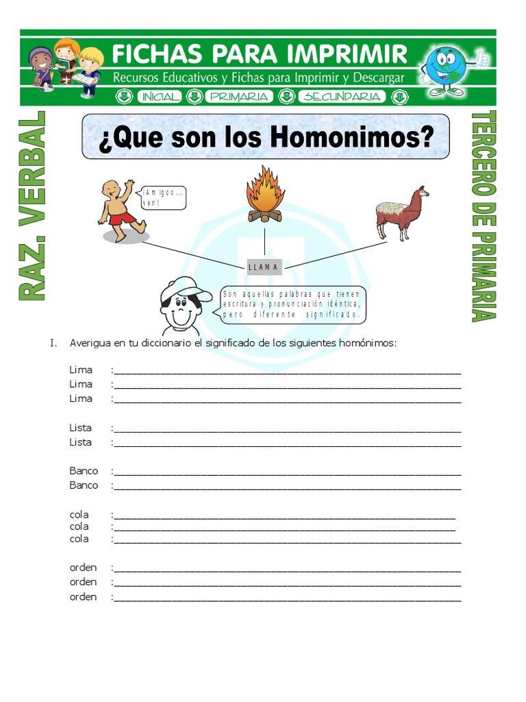 Que Son Los Homonimos Para Tercero De Primaria Fichas Ficha valor ...