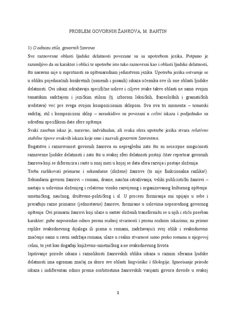 Cas - Bahtin, Iskaz I Govorni Zanrovi | PDF