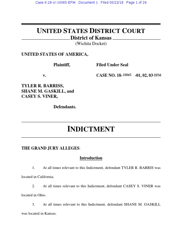 Tyler Barriss True Bill | PDF | Mail And Wire Fraud | Conspiracy (Criminal)