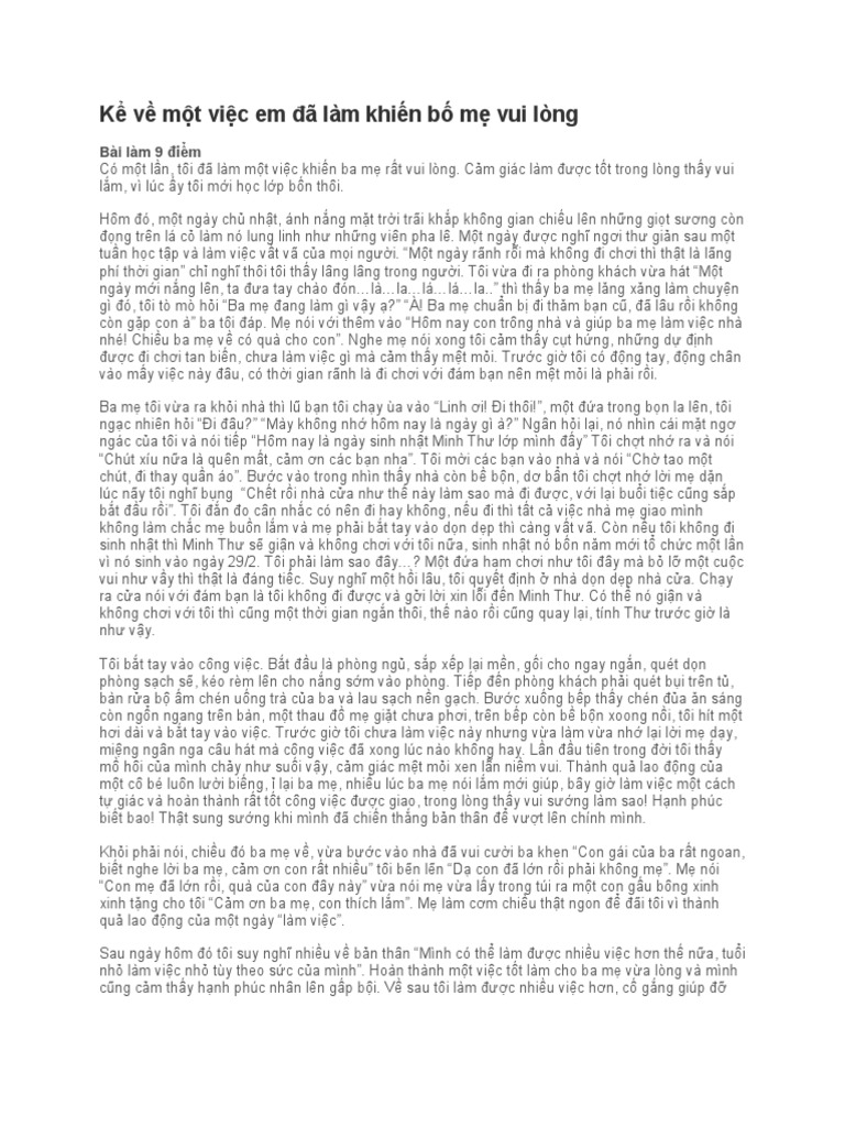 Kể về một việc em đã làm khiến bố mẹ vui lòng