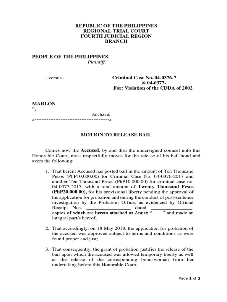 Draft Motion To Release Cash Bond 2 - Marlon Gonzales | PDF | Bail ...