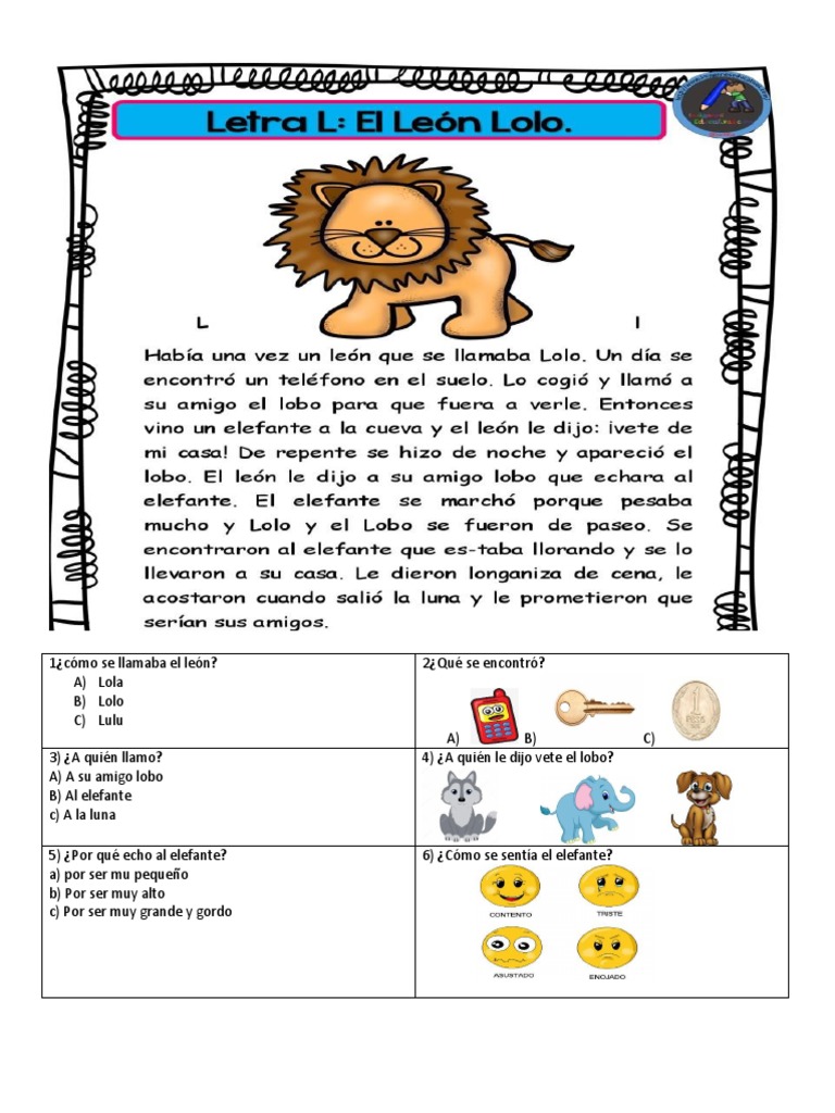 Resolución de un cuento: El león Lolo y sus amigos del bosque | PDF