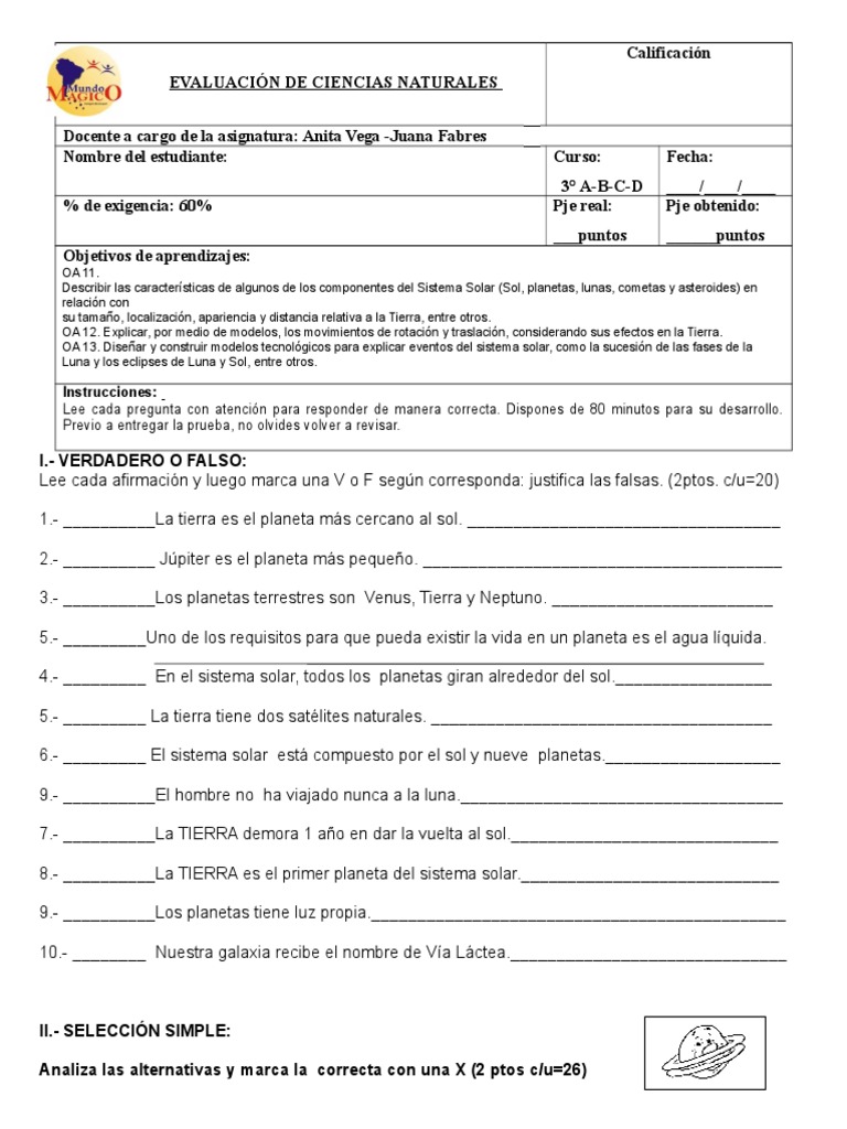 Examen del Sistema Solar para Primaria | PDF | Planetas | Sistema solar