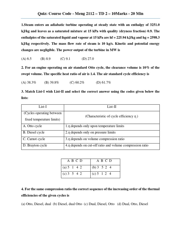 Quiz TD 2 Question Paper | PDF | Diesel Engine | Quantity