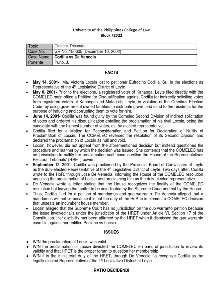 Case 078 Codilla vs. de Venecia | PDF | Mandamus | Comisión de Elecciones (Filipinas)