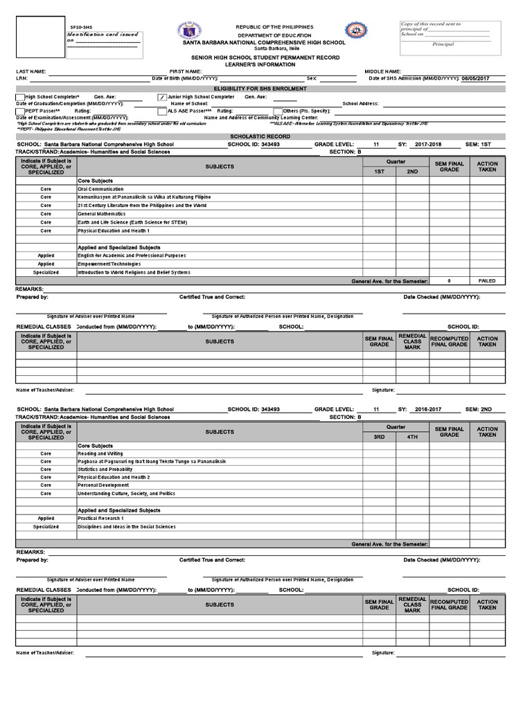 SF10 Back | PDF | Schools | Social Science