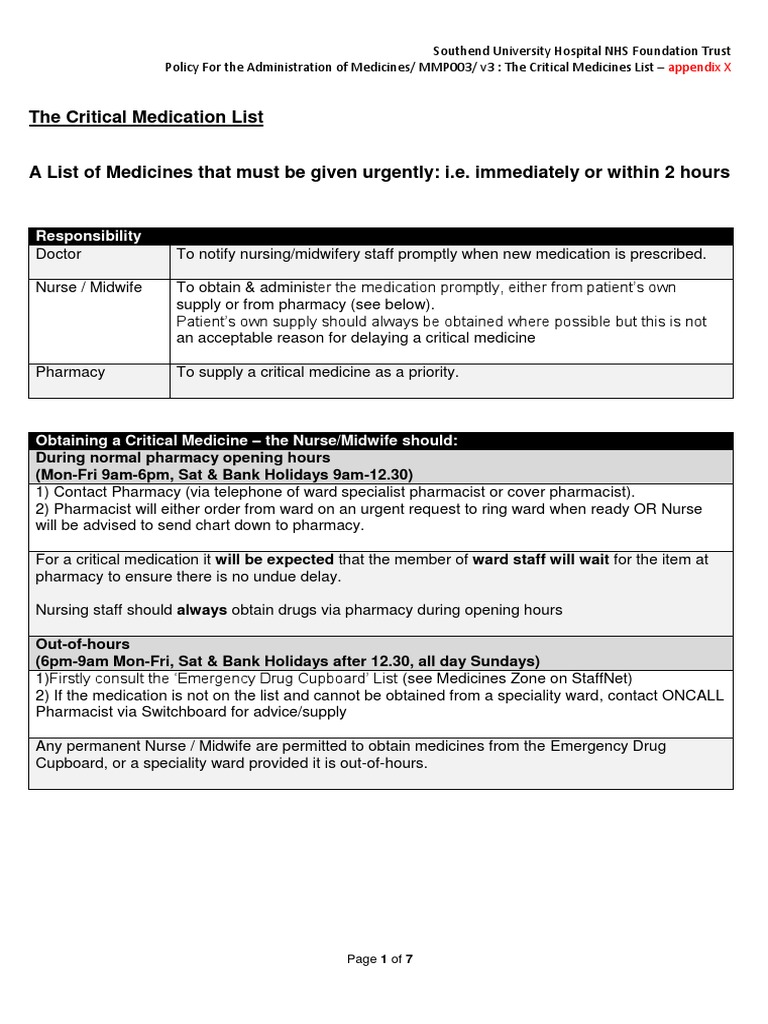 H-Southend Critical Medicines List | PDF | Pharmacy | Pharmaceutical Drug