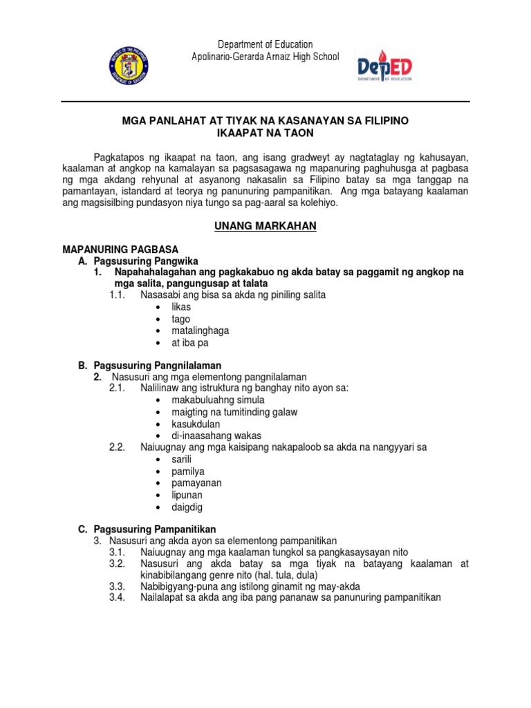 Budget of Work in Filipino 10 | PDF