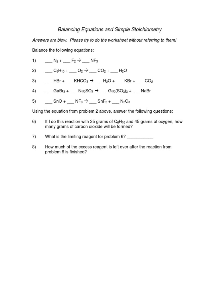 Balancing Equations & Stoichiometry Answers | PDF | Teaching Methods ...