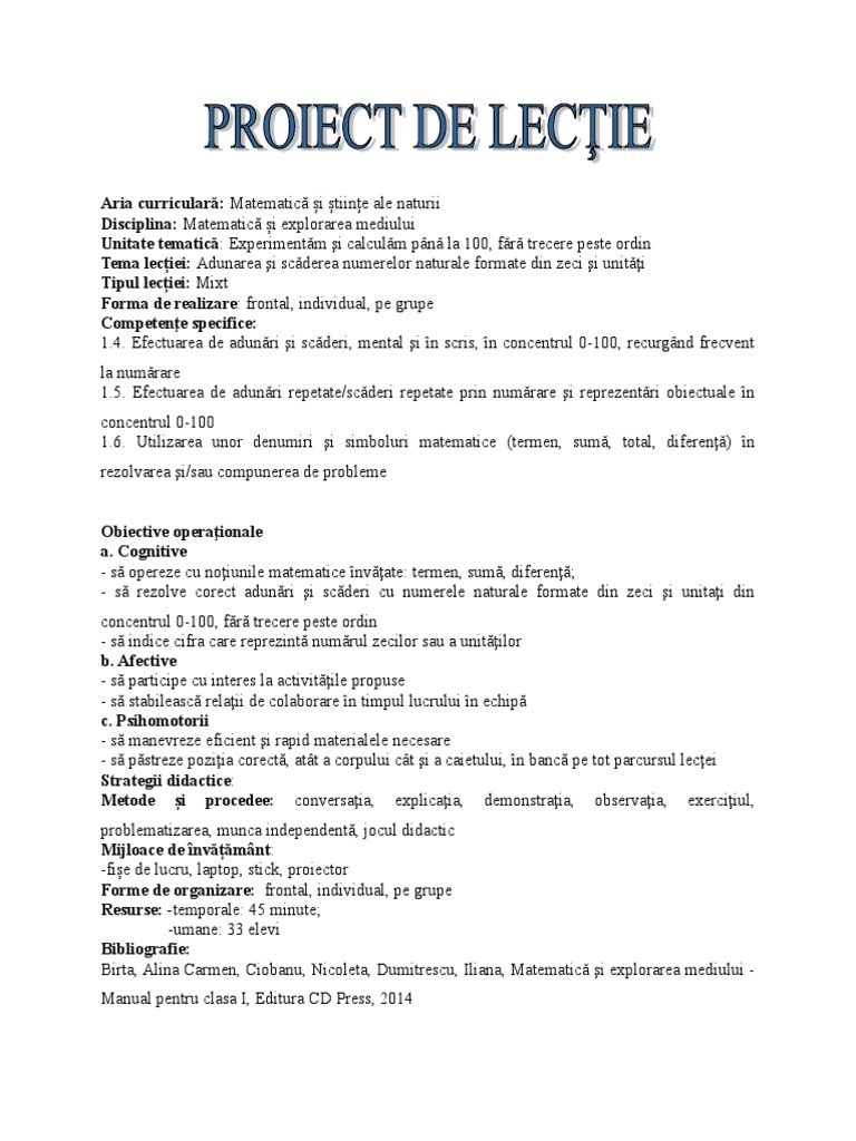 Proiect de Lectie - MEM Clasa I | PDF