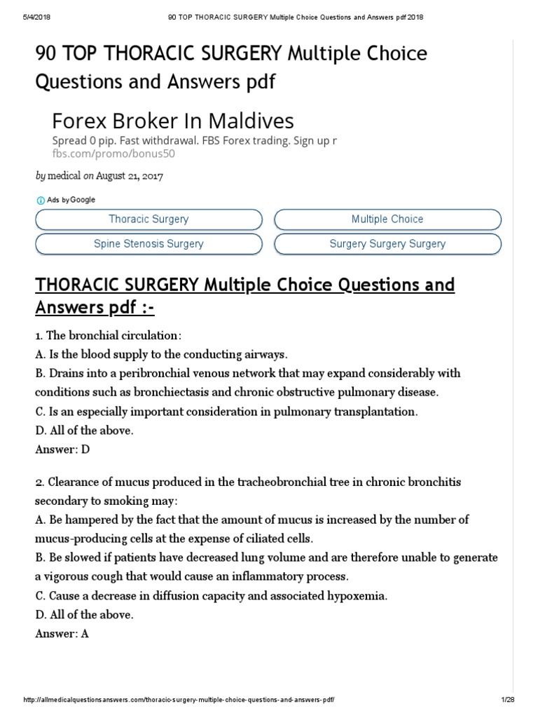 90 Top Thoracic Surgery Multiple Choice Questions And Answers Pdf 2018